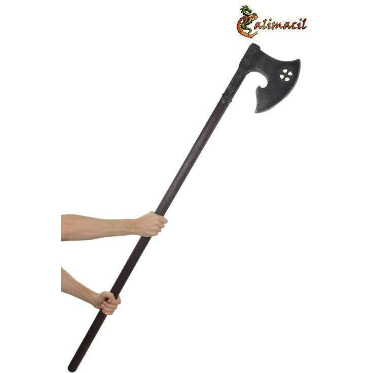 Calimacil Yngvar II fantasy LARP axe long dark wooden haft with black ...